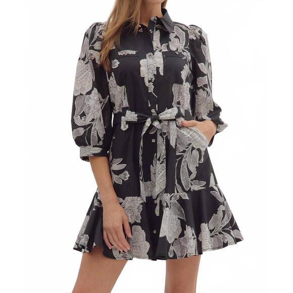 entro | Dresses | New Entro Garden Bloom Belted Mini Dress In Black ...